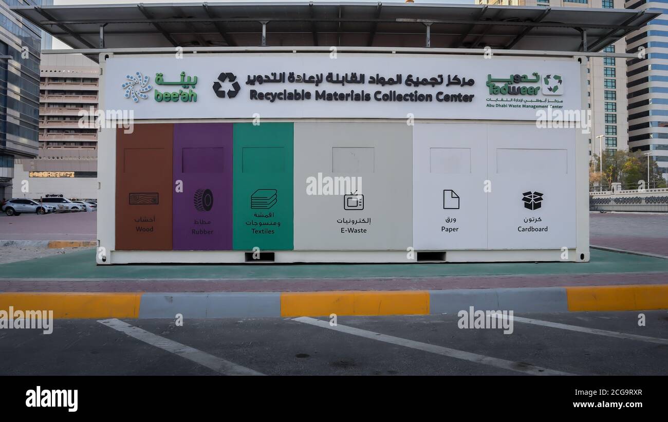 Abu Dhabi, September 9, 2020: Recycling centre with separate materials ...