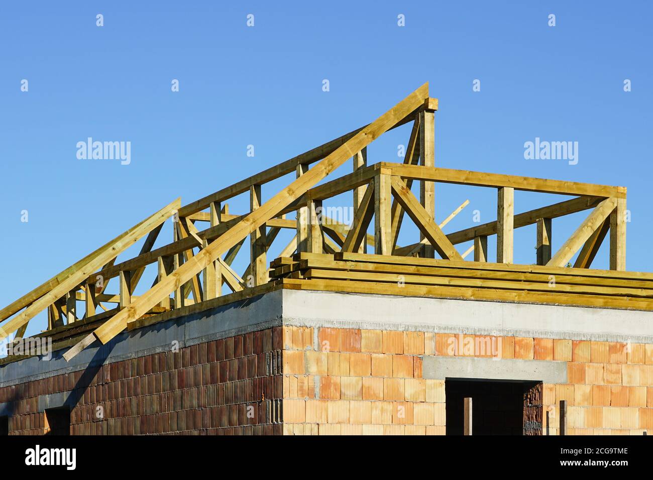construction of a new residential house roof wooden structure Stock ...