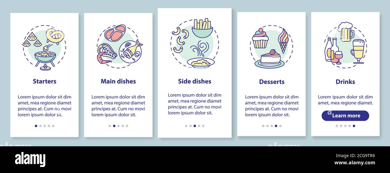 Restaurant menu onboarding mobile app page screen with concepts Stock ...