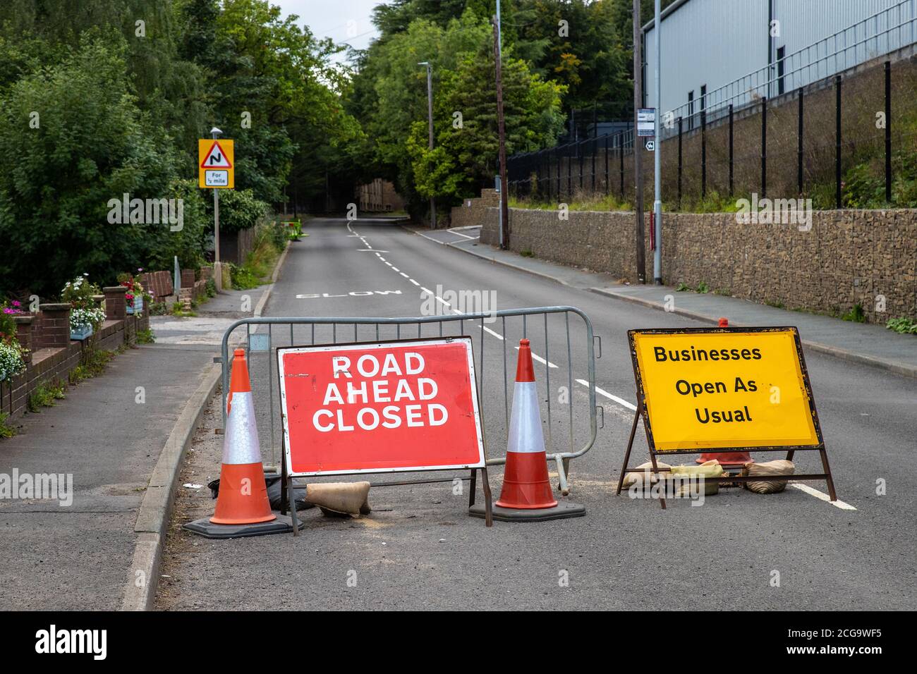 Road signs placed on the road to Elland, West Yorkshire advising that ...