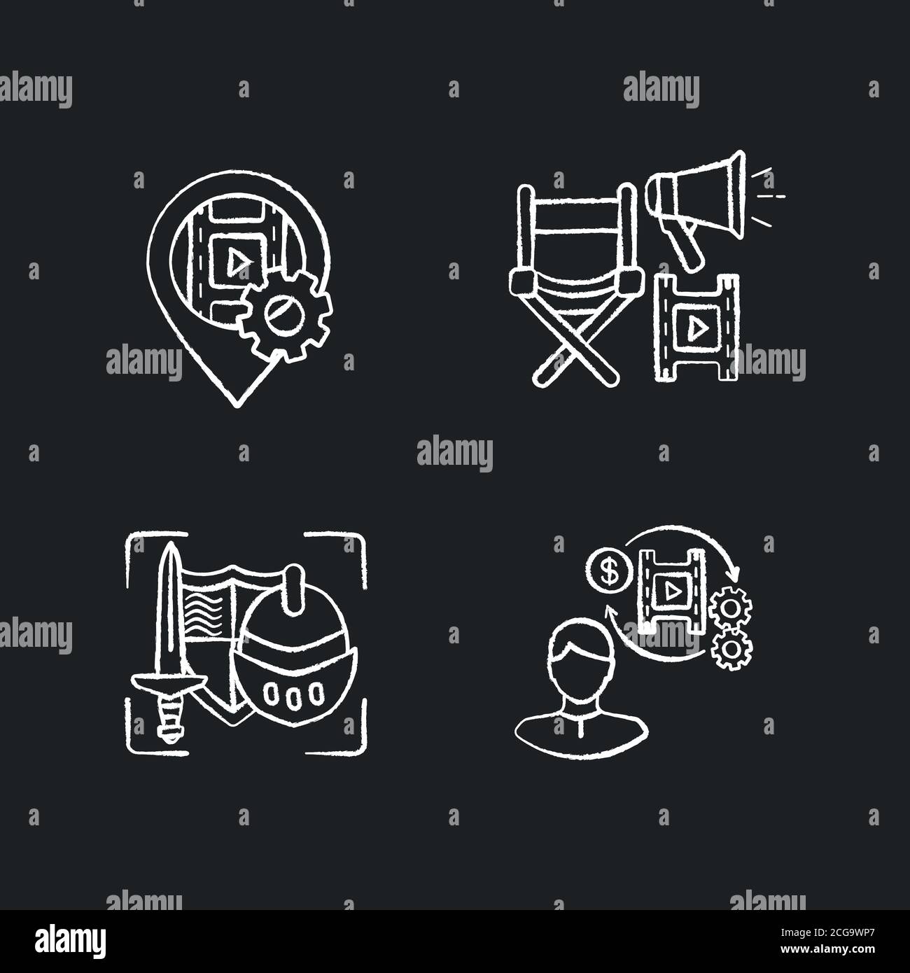 Film production process chalk white icons set on black background Stock ...