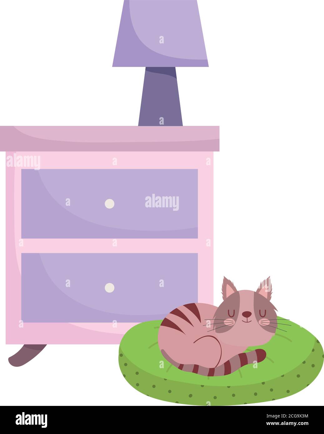 side table with lamp and cat sleeping in cushion isolated design white ...