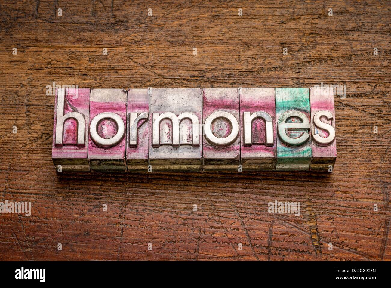 hormones word abstract in gritty vintage letterpress metal type, health ...