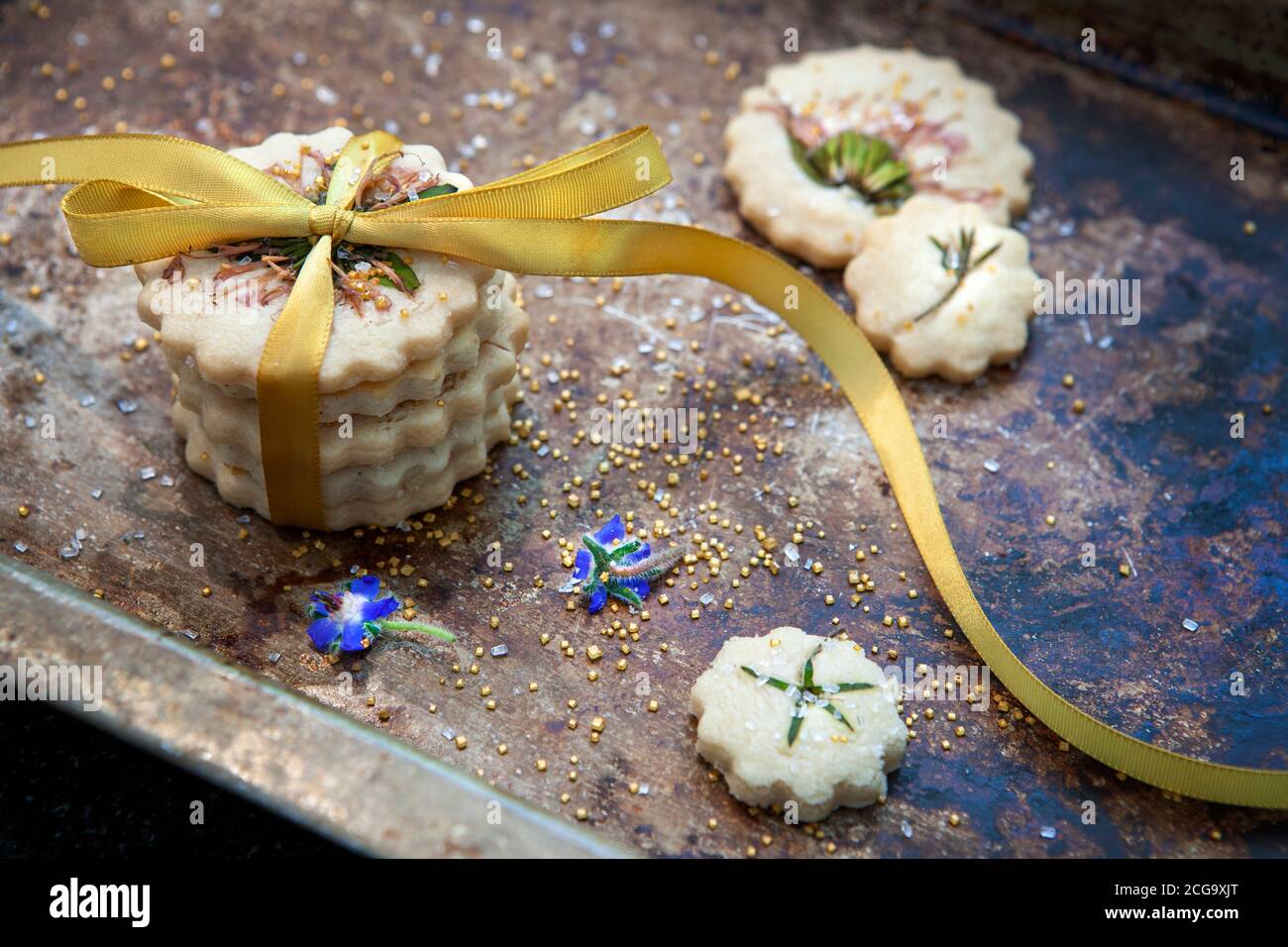Small Stack of Shortbread Cookies with Bow Tie, Edible Flowers and Gold ...