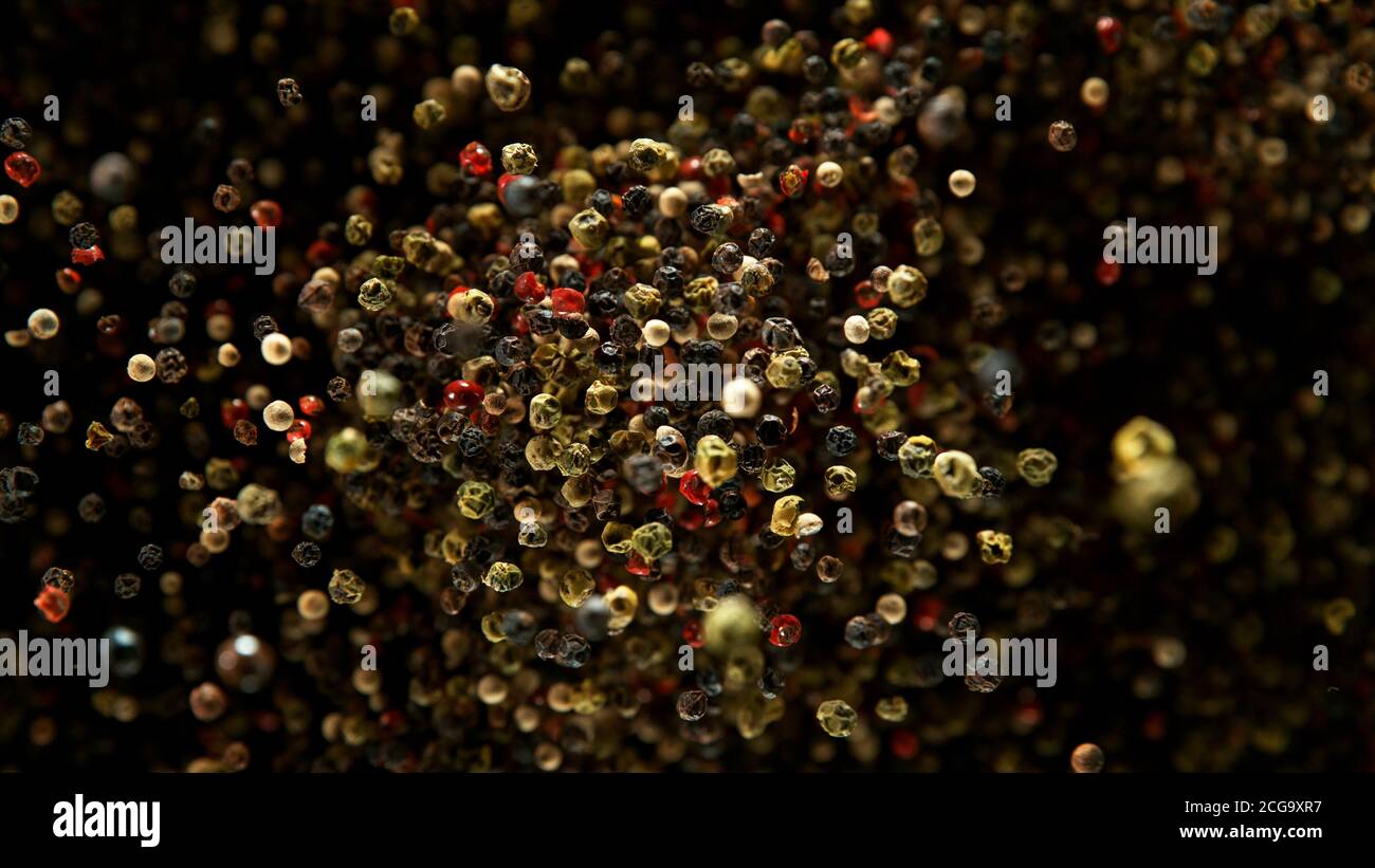 Whole coloured pepper spice flying in the air. Zero gravity concept ...