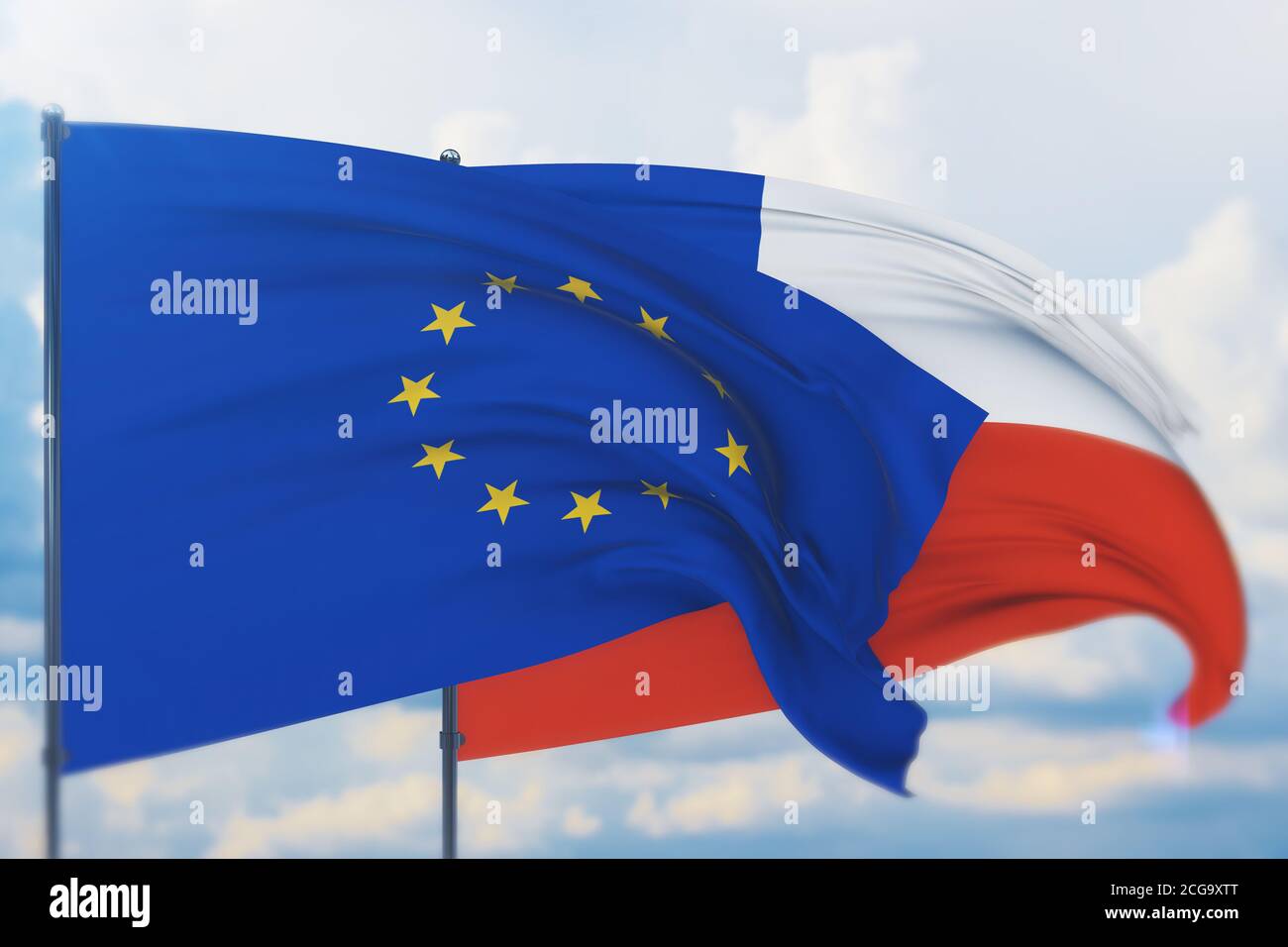Waving European Union flag and flag of Chile. Closeup view, 3D ...