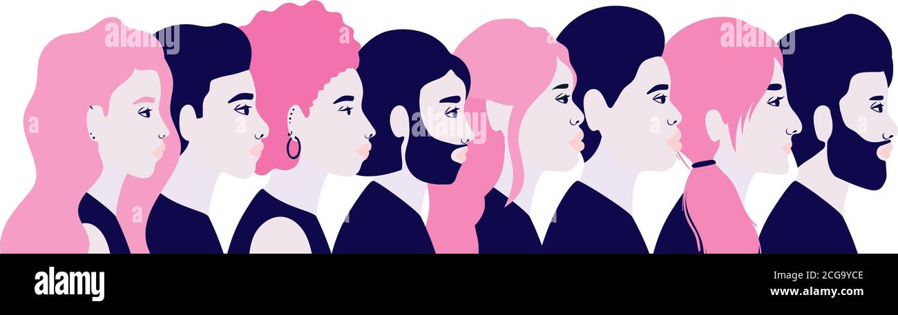 women and men cartoons in side view in blue and pink colors vector ...