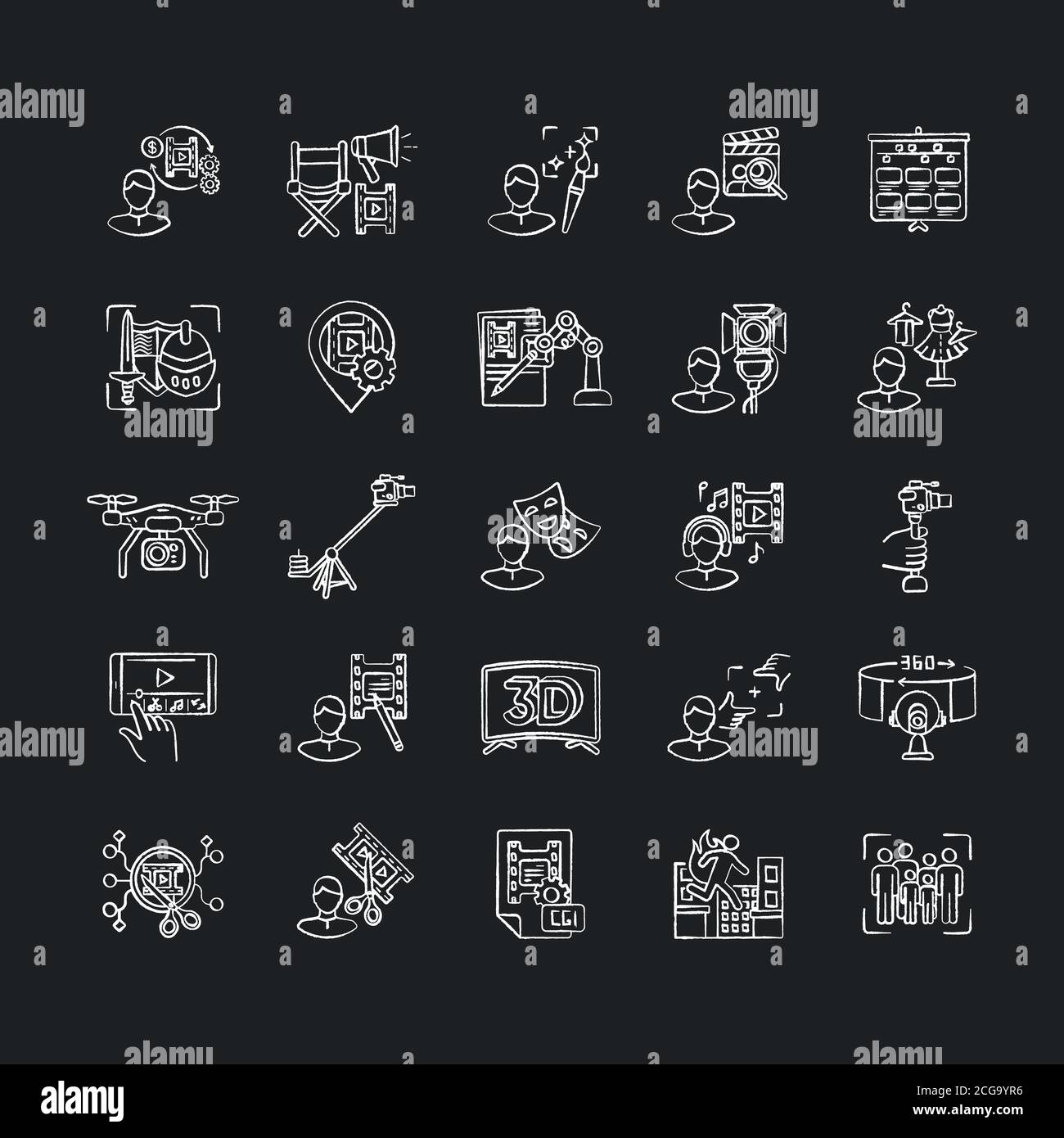 Film making process and staff chalk white icons set on black background ...