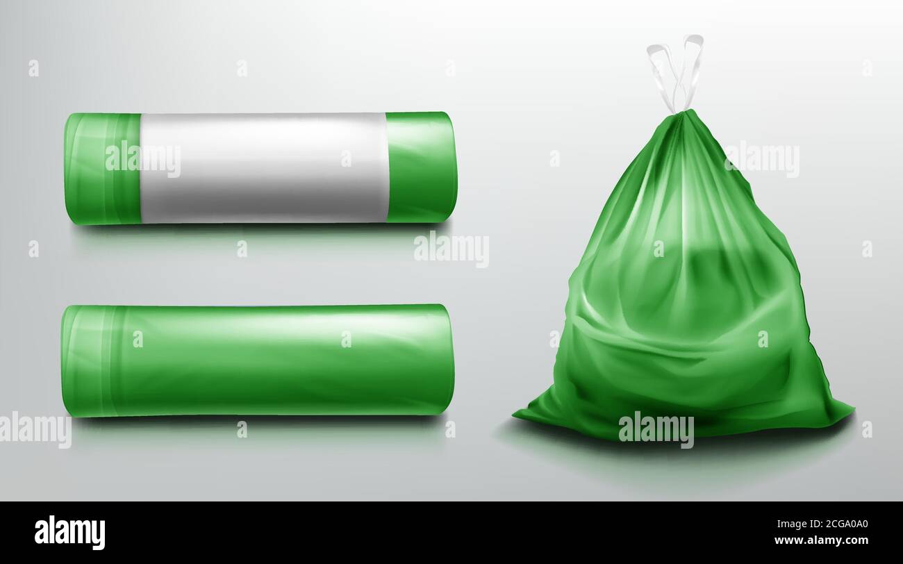 Trash bag mockup, plastic roll and sack full of garbage. Green ...