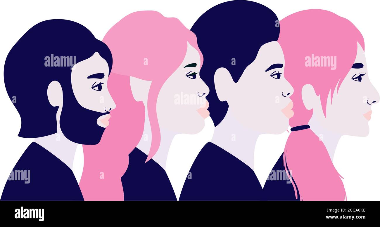 women and men cartoons in side view in blue and pink colors vector ...