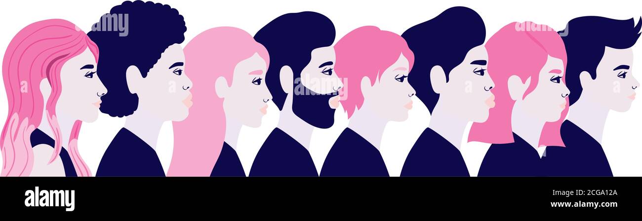women and men cartoons in side view in blue and pink colors vector ...