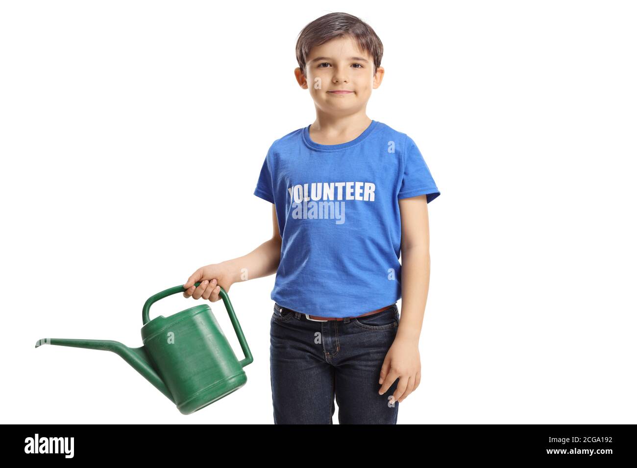 Boy volunteer in a blue t-shirt with a watering can isolated on white ...