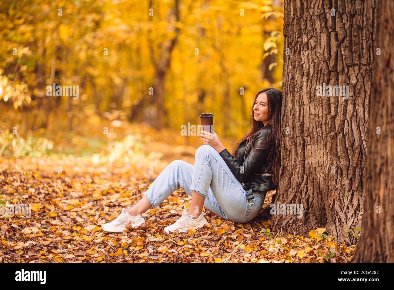 Fall concept - beautiful woman in autumn park under fall foliage Stock ...