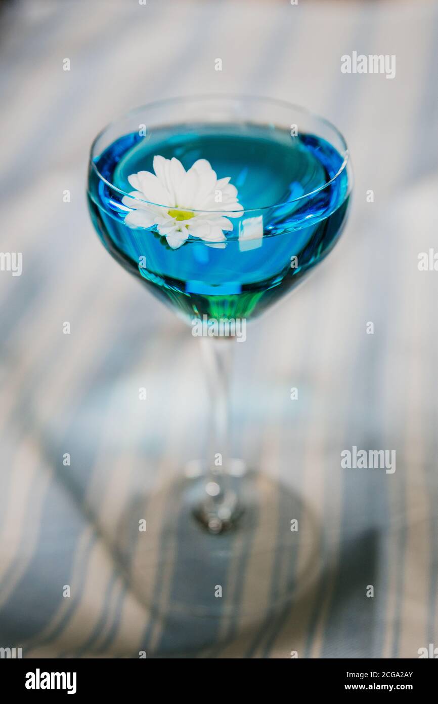 A bright blue cocktail in a nick and nora glass garnished with a ...