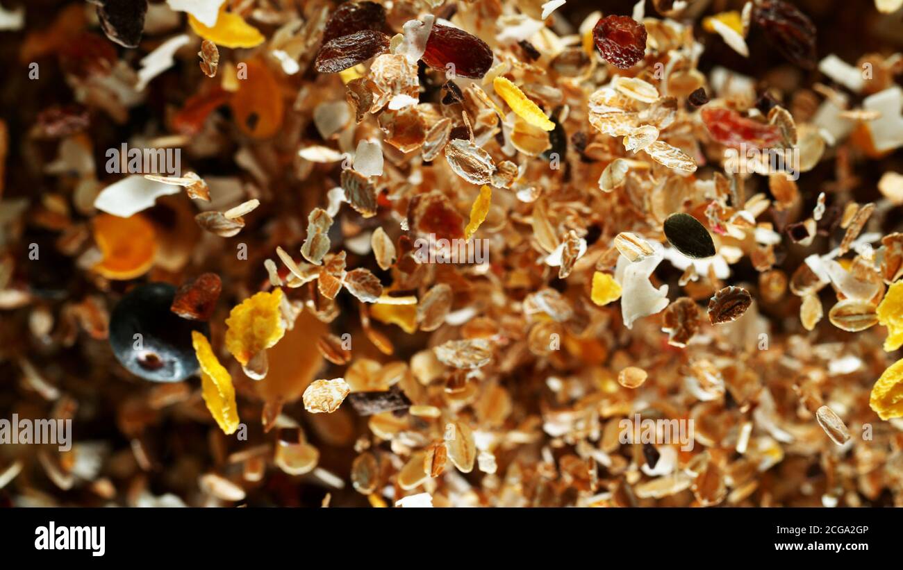 Freeze motion of flying group of cereal breakfast mix. Healthy eating ...
