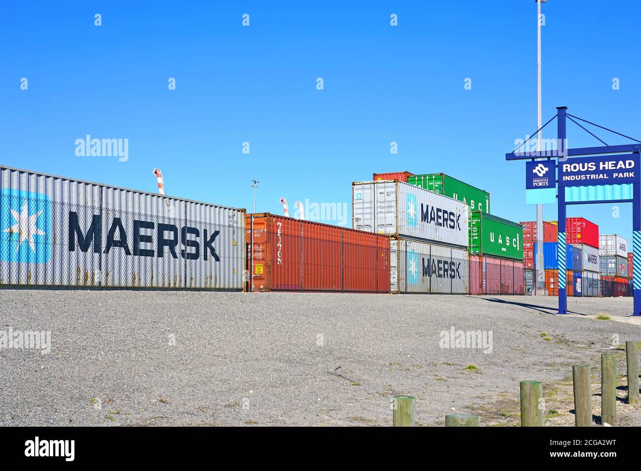 FREMANTLE, AUSTRALIA -3 JUL 2019- View of stacks of shipping containers ...