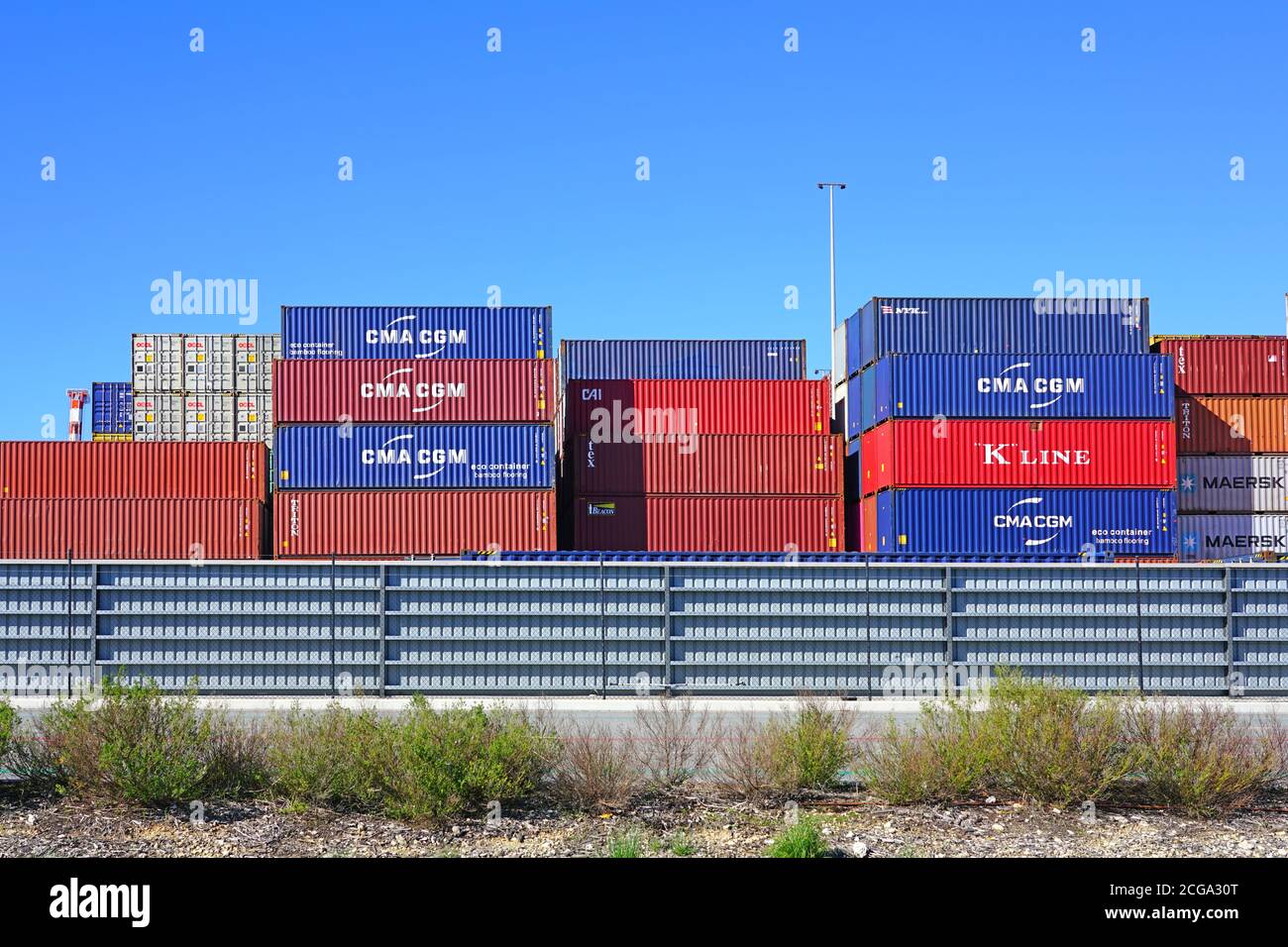 FREMANTLE, AUSTRALIA -3 JUL 2019- View of stacks of shipping containers ...