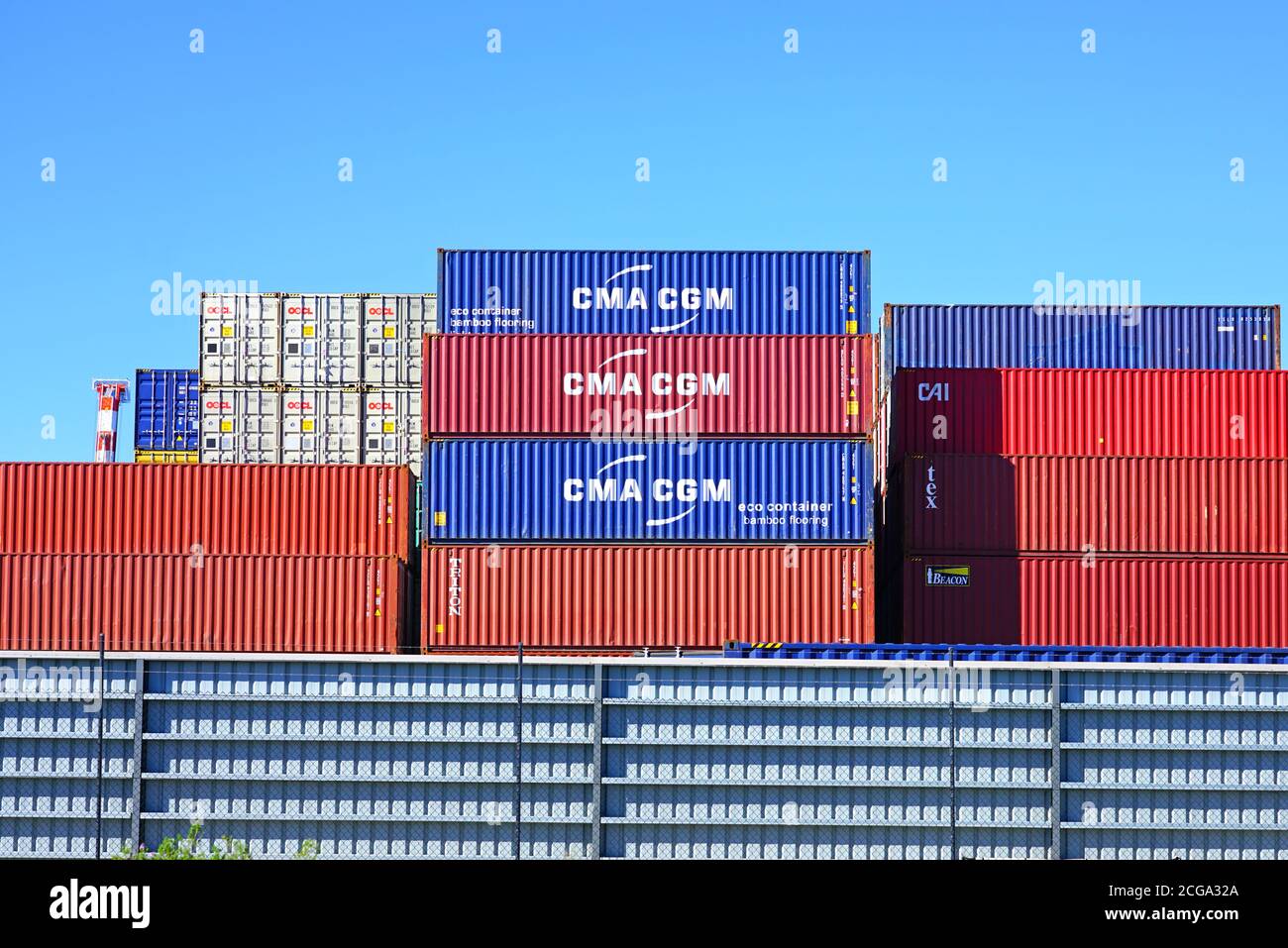 FREMANTLE, AUSTRALIA -3 JUL 2019- View of stacks of shipping containers ...