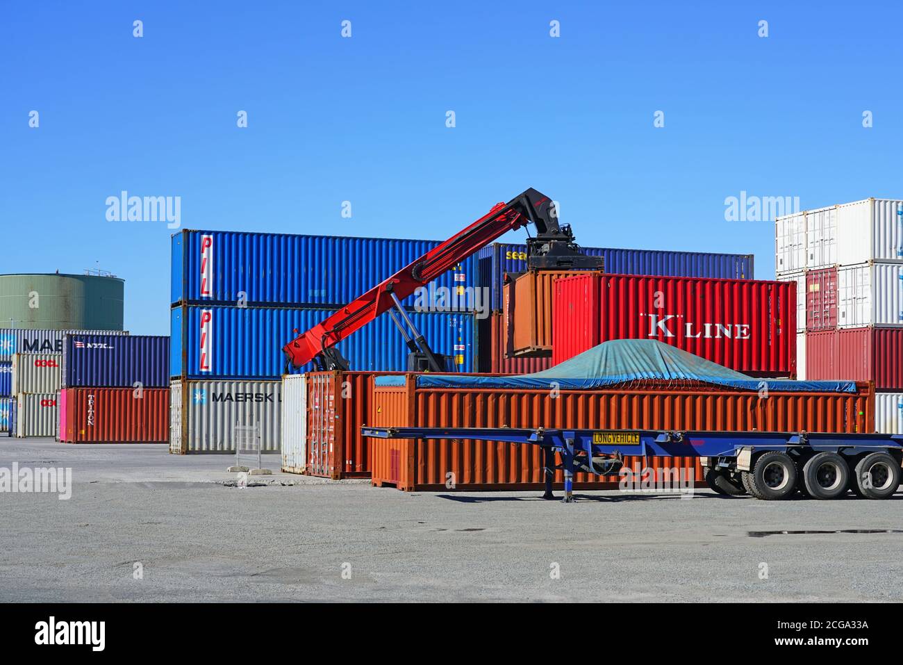 FREMANTLE, AUSTRALIA -3 JUL 2019- View of stacks of shipping containers ...