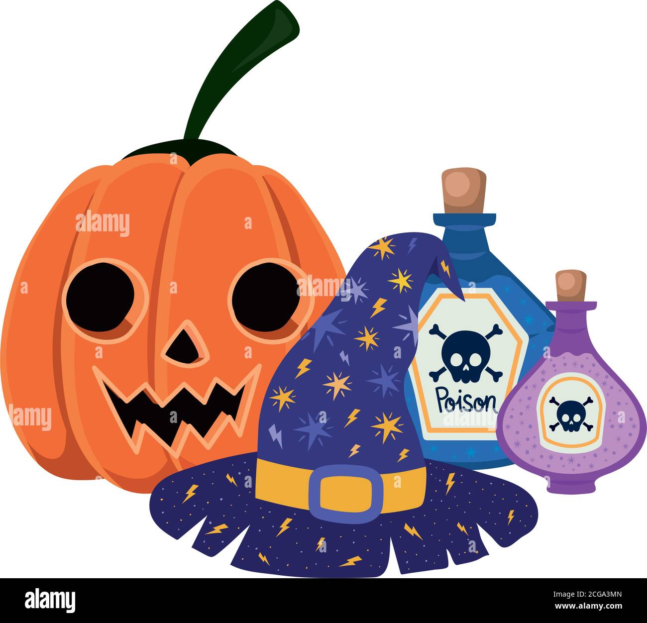 Halloween pumpkin cartoon witch hat and poisons bottles vector design ...
