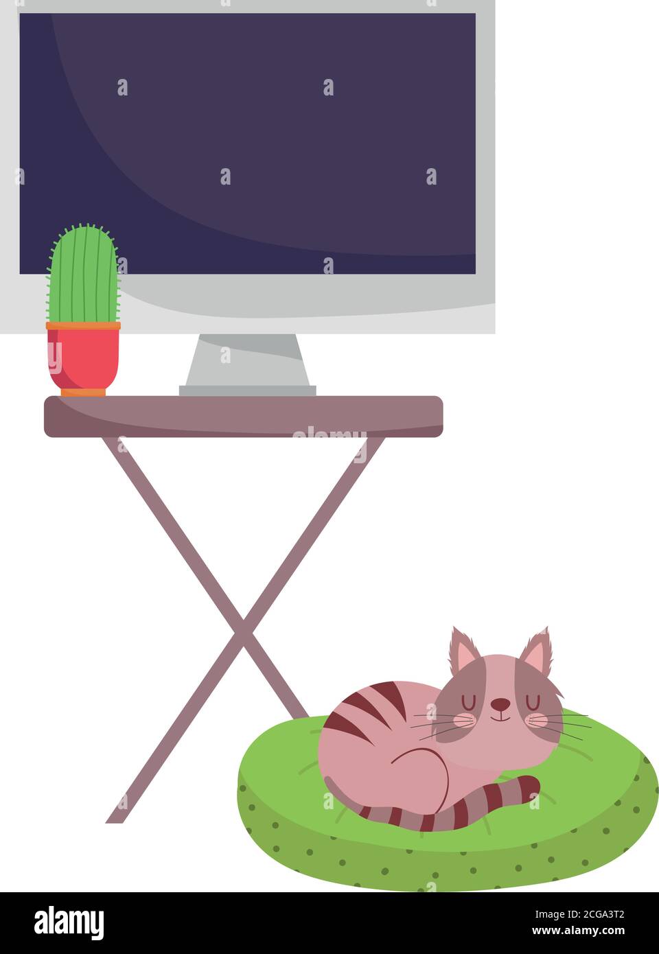 workspace table with computer screen cactus and cat in cushion isolated ...