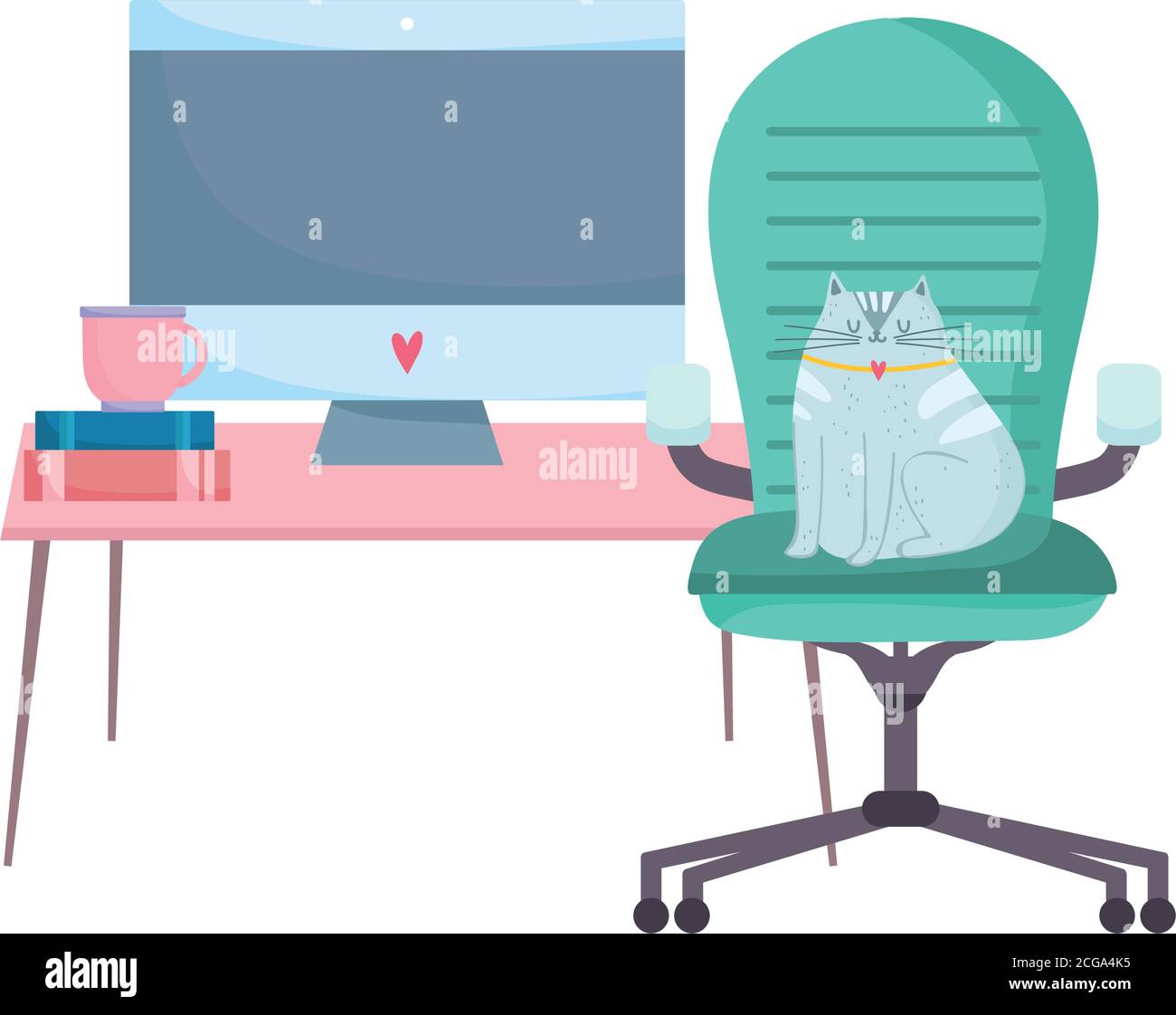 workspace cat on chair desk computer and plant isolated design white ...