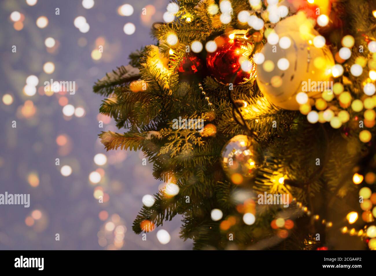Christmas tree branch with christmas balls and lights. Design for your ...
