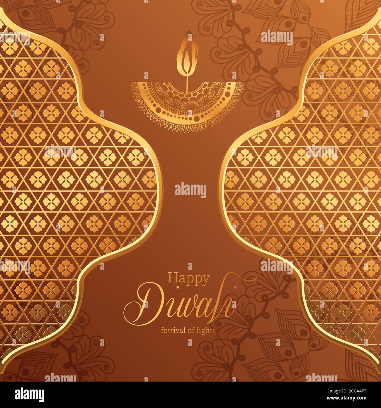Happy diwali gold mandala candle and frames on brown background vector ...
