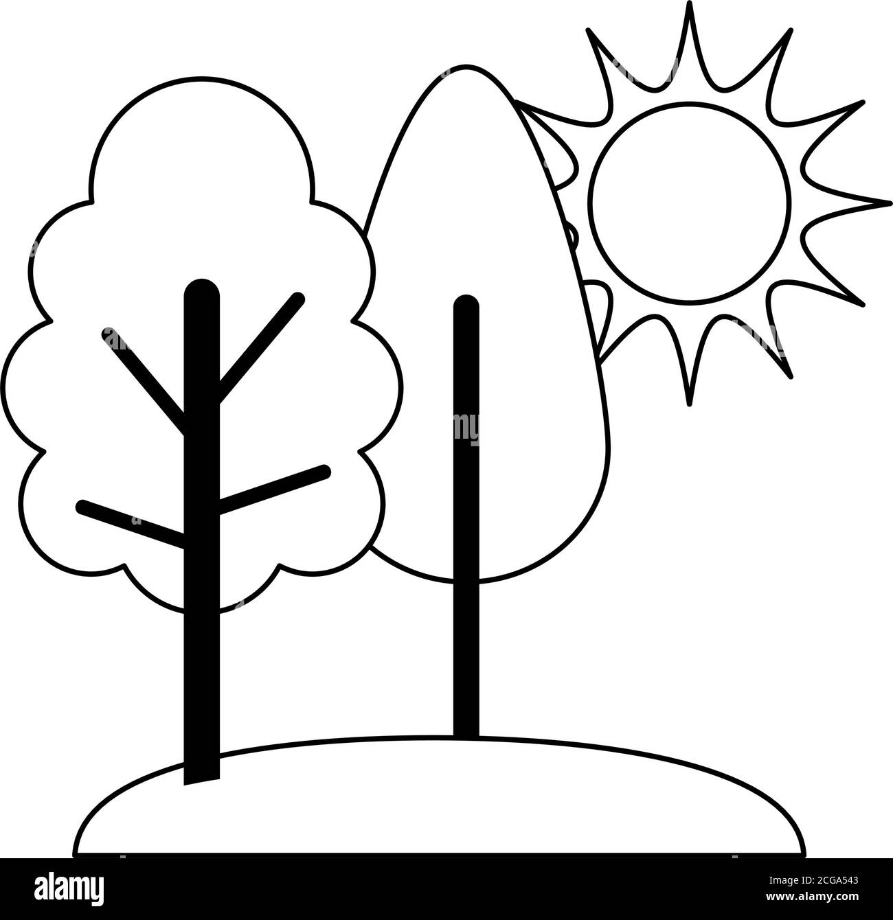 landscape nature trees grass and sun cartoon line icon style vector ...