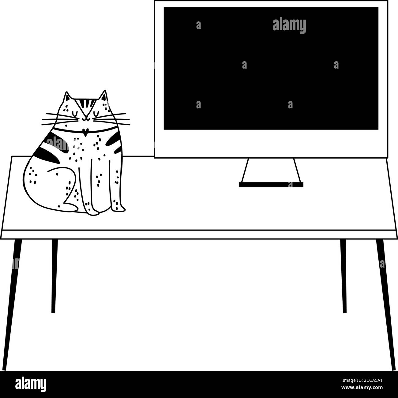 workspace desk with computer and cat isolated icon line style vector ...