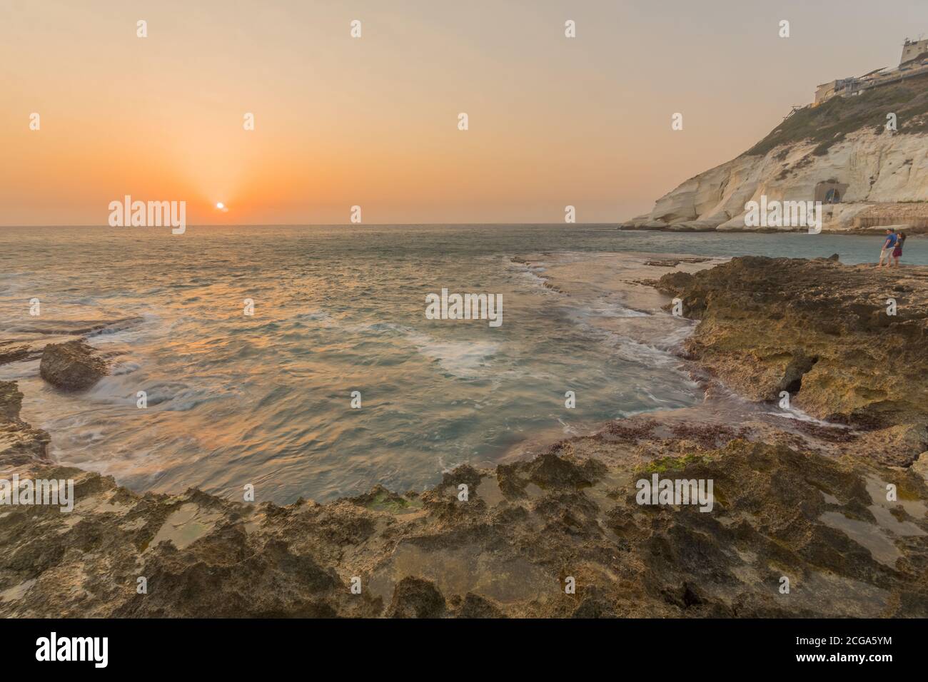 Rosh HaNikra, Israel - September 07, 2020: View of the sunset with the ...