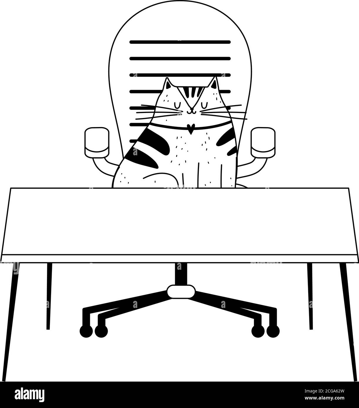 workspace cat on chair and desk isolated icon line style vector ...