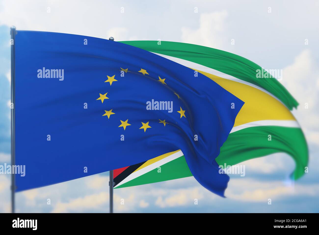 Waving European Union flag and flag of Guyana. Closeup view, 3D illustration Stock Photo - Alamy