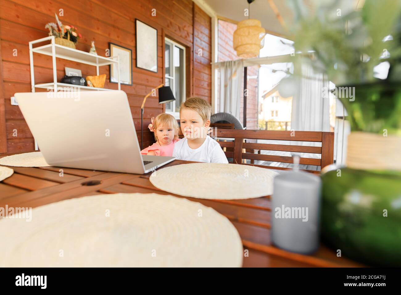 children communicate with their friends via video conference call Stock ...
