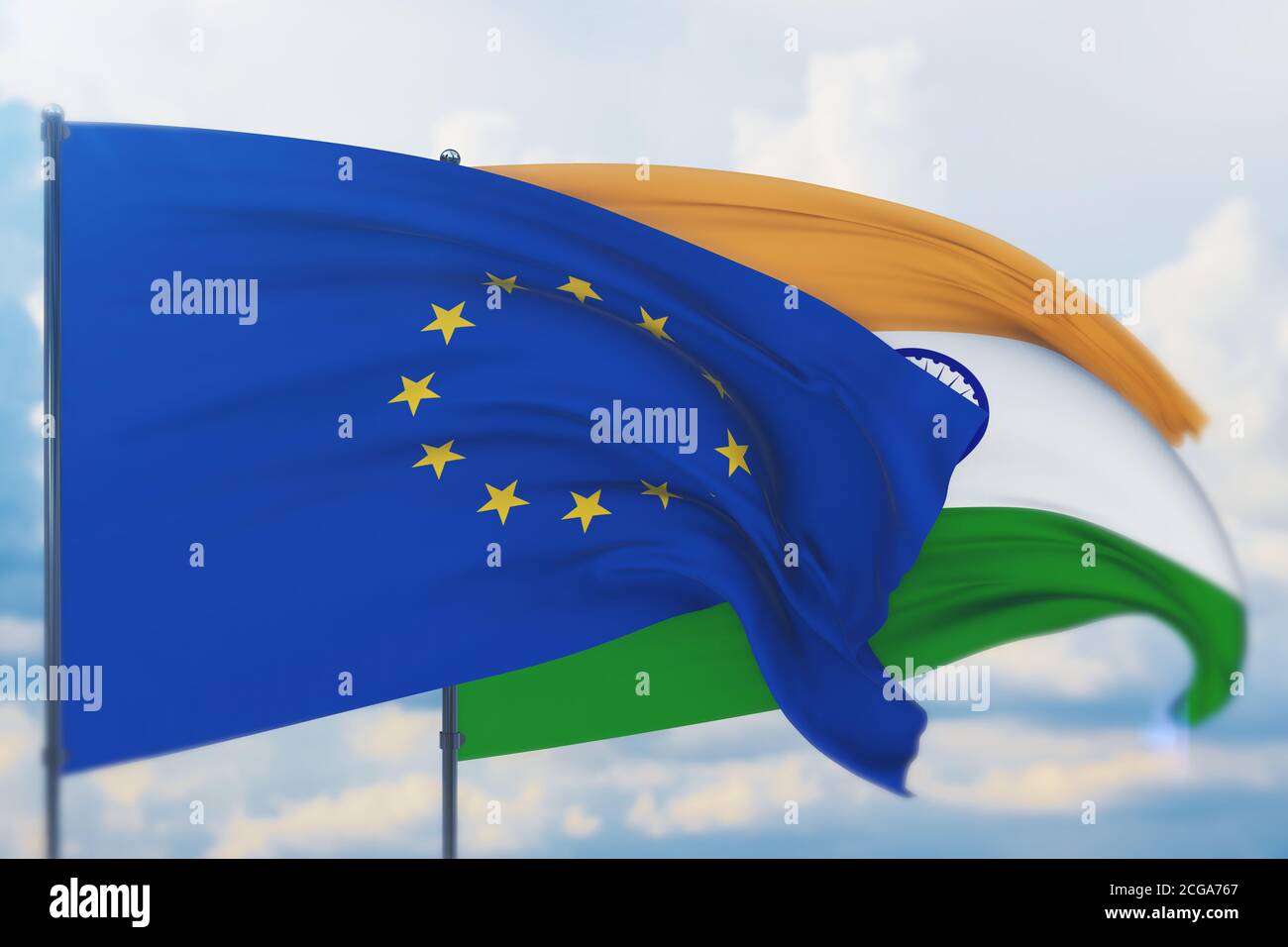 Waving European Union flag and flag of India. Closeup view, 3D ...