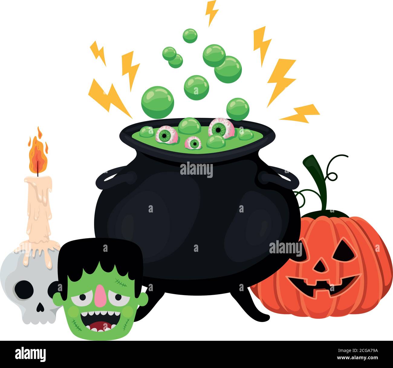 Halloween pumpkin frankenstein and skull cartoon with witch bowl vector ...