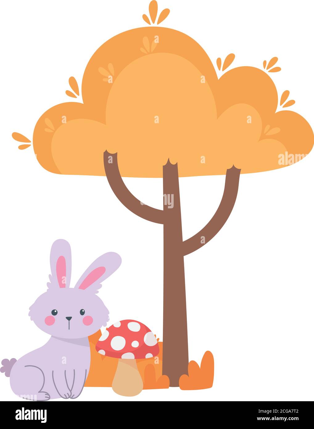 cute rabbit tree mushroom bush autumn season isolated icon style vector ...