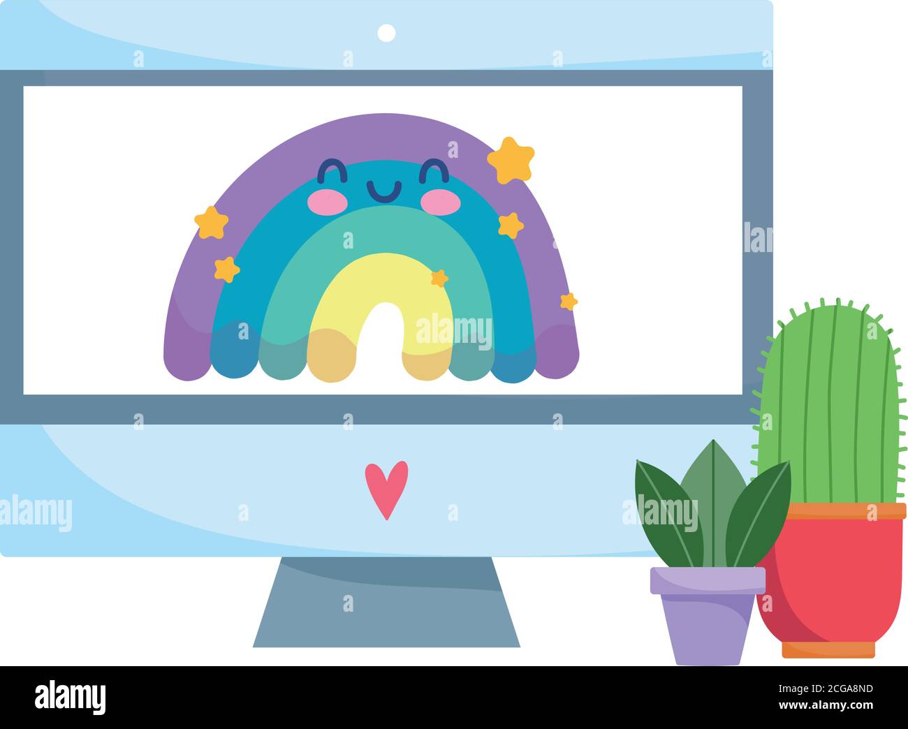 computer screen with potted plant and cactus isolated design white ...