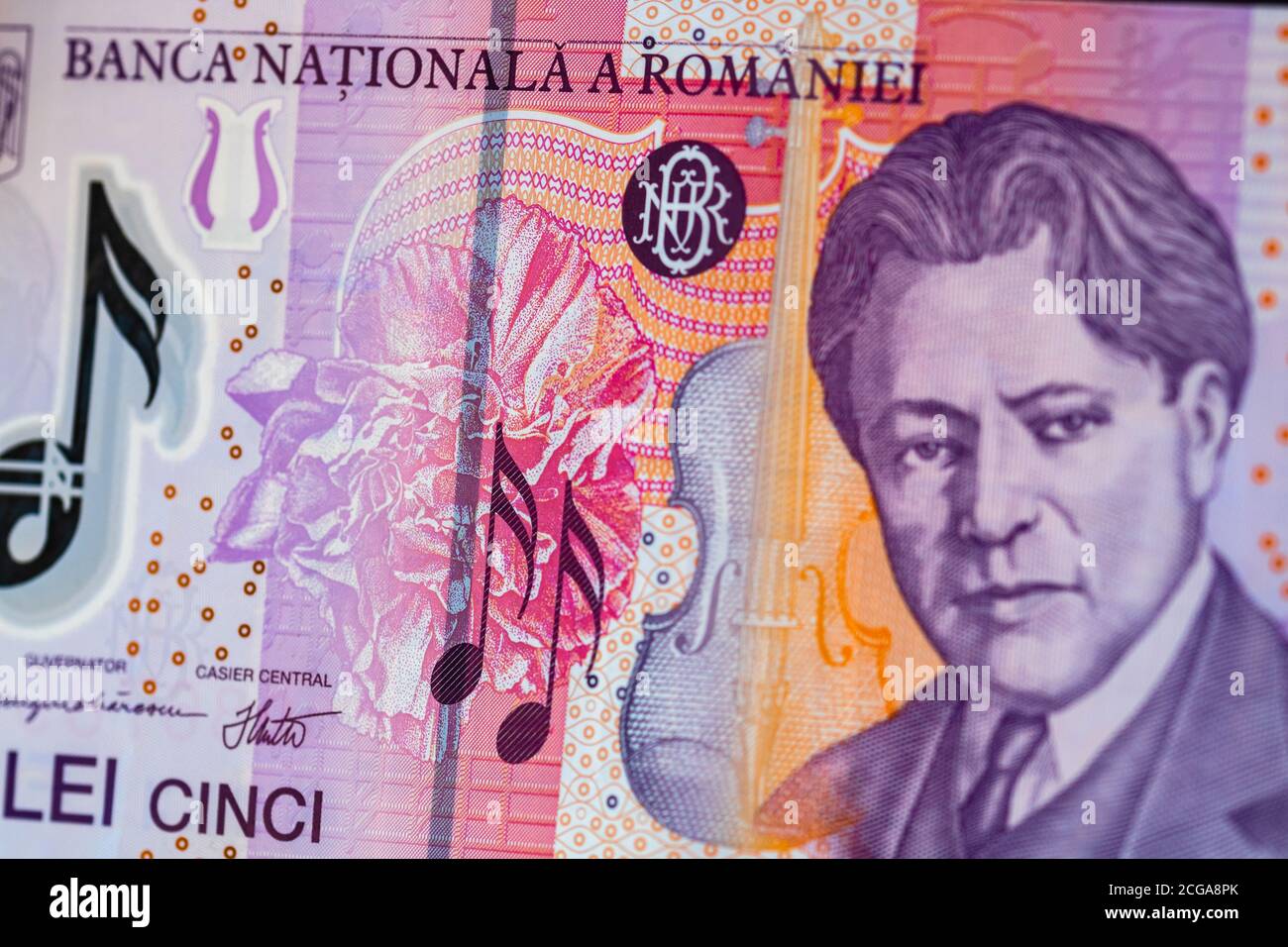 Selective focus on detail of lei banknotes. Close up macro detail of ...