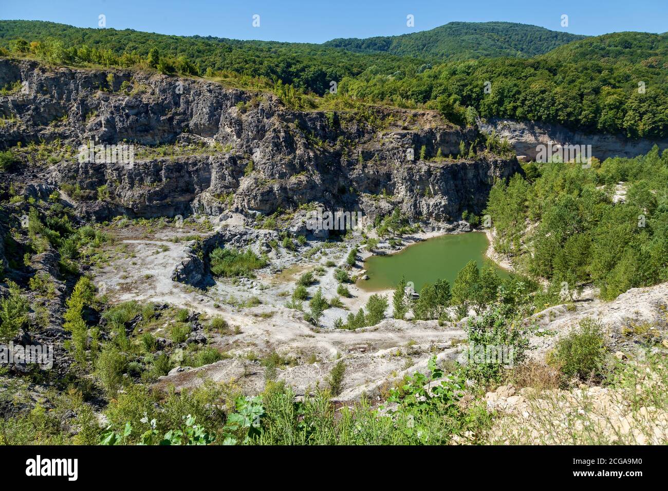 An abandoned granite quarry overgrown with trees with a green lake at ...