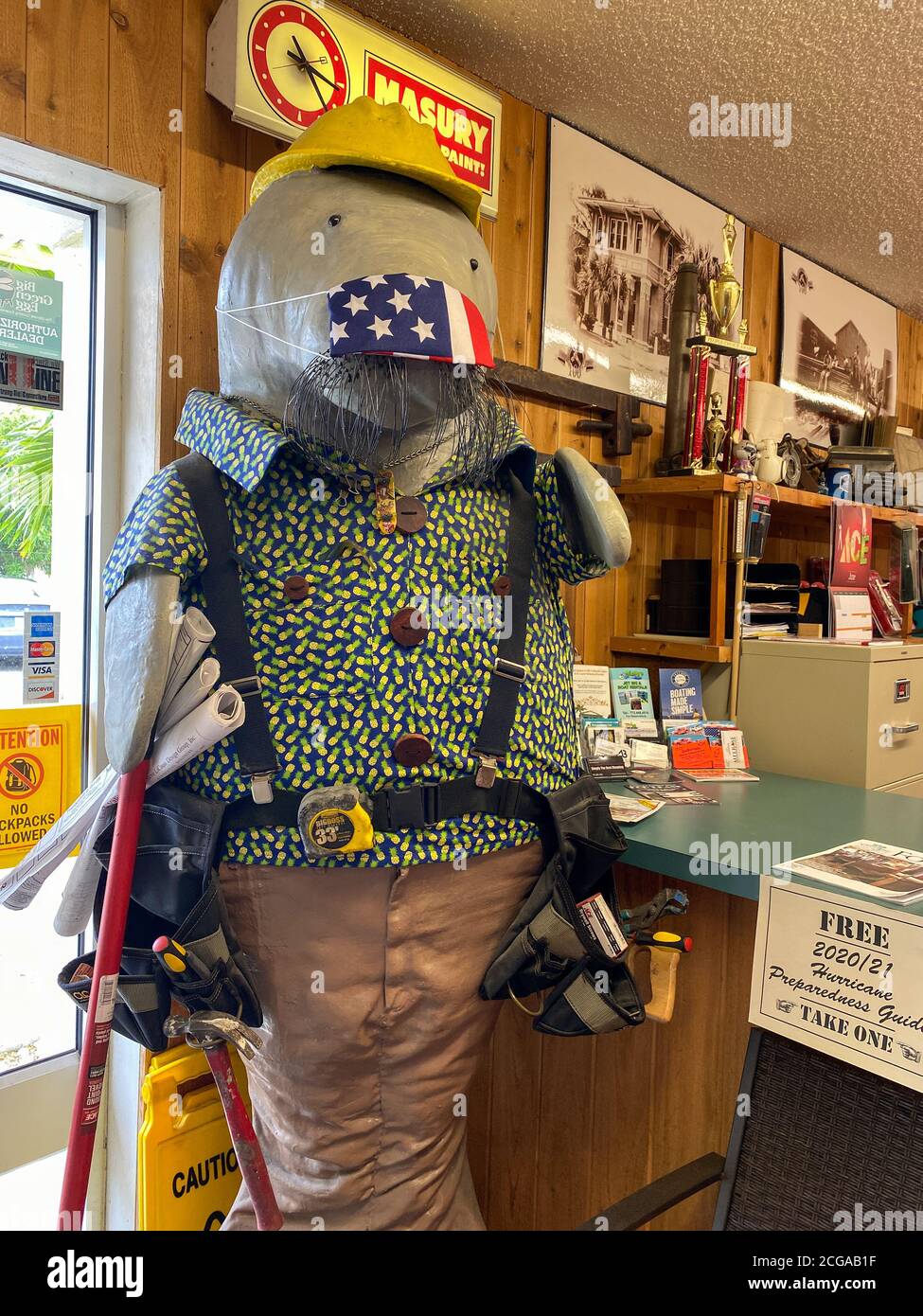 Ft. Pierce, FL/USA - 6/4/20: A Manatee statue dressed as a construction ...
