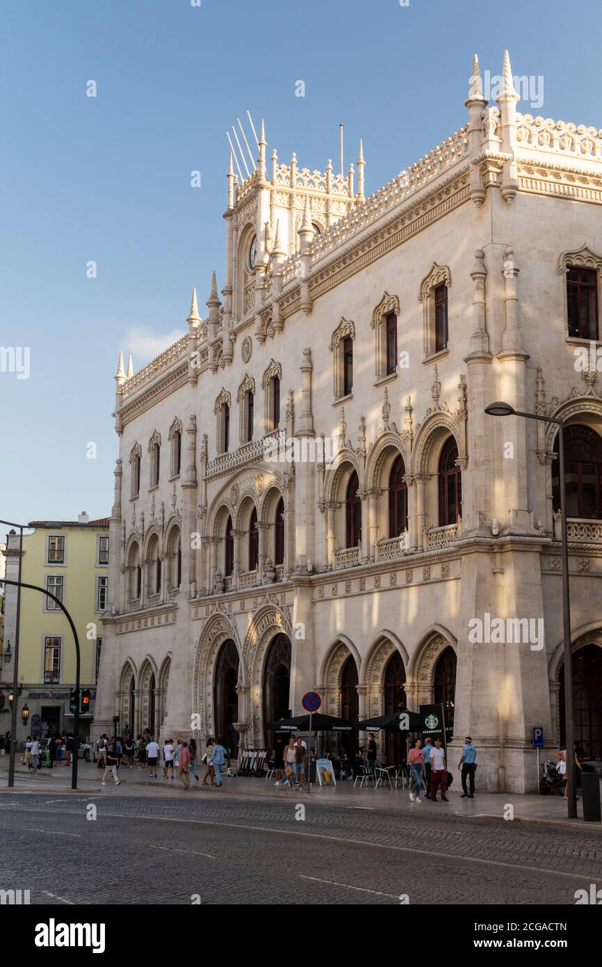 Beautiful view to old historic Rossio Train Station building in central ...