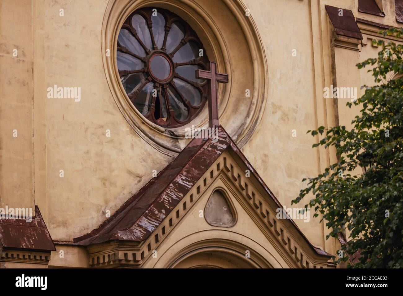 old facade of church cathedral a romanesque architectural style Stock ...