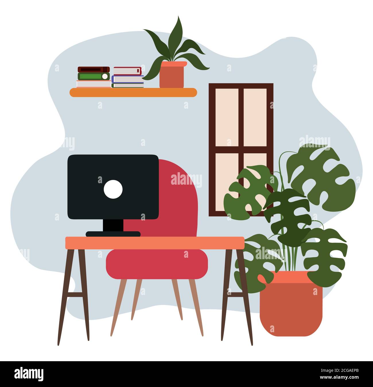 workspace desk computer chair potted plant shelf and books vector ...