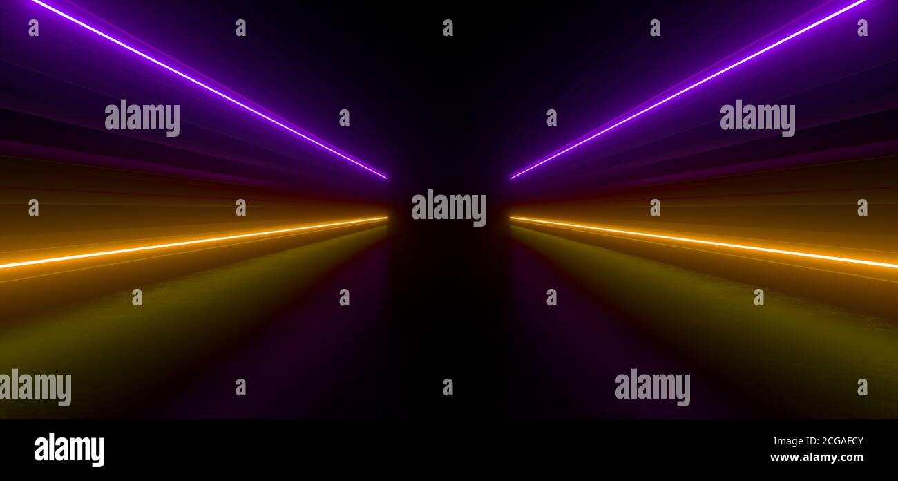 Dark studio with bright yellow, violet and white neon lights. Empty ...