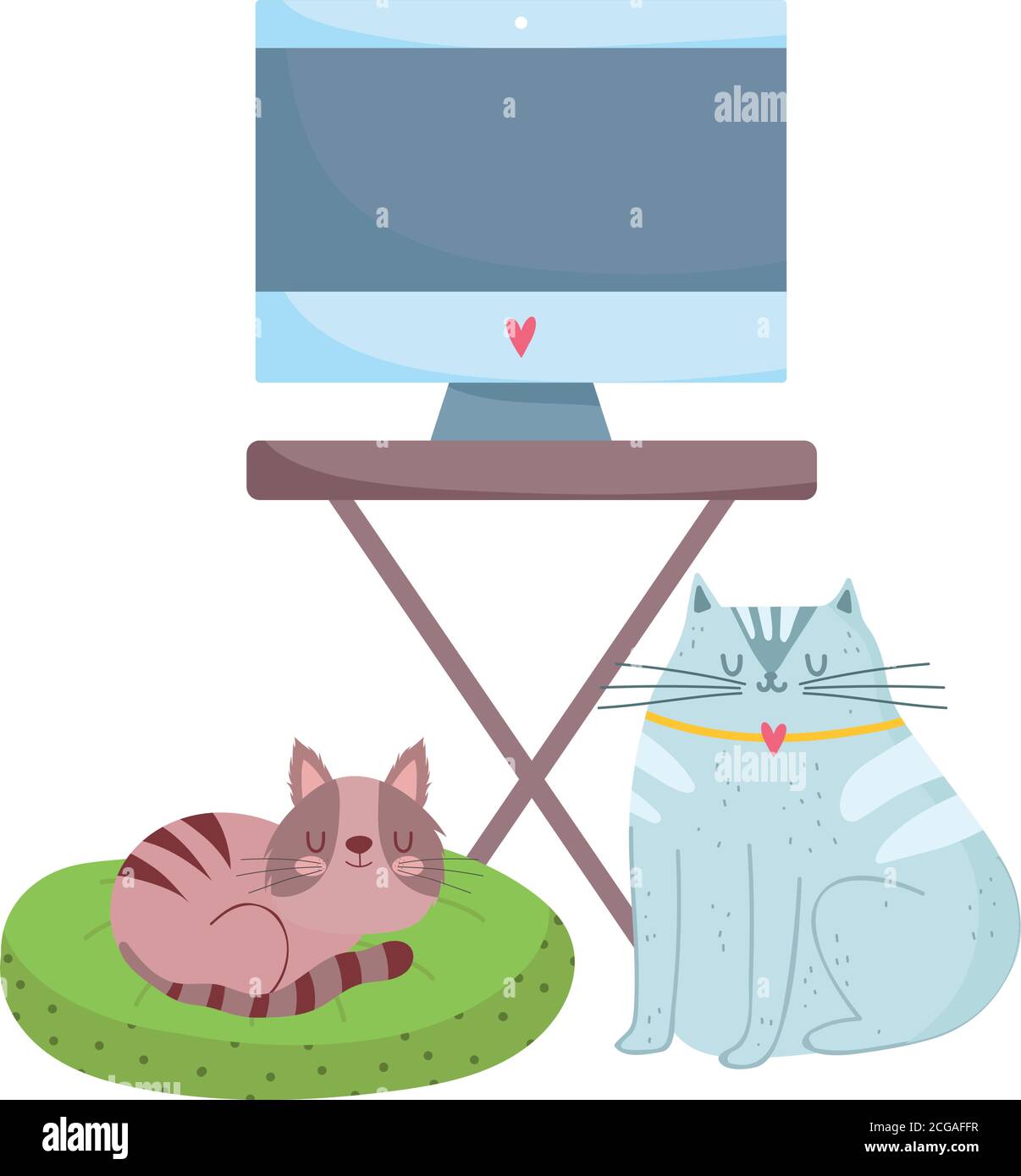 workspace monitor computer on table and cats isolated design white ...