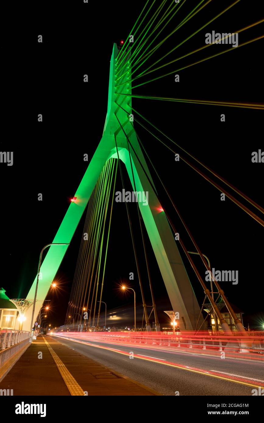 The Aomori Bay Bridge in Aomori, Japan, seen with lights at night Stock ...