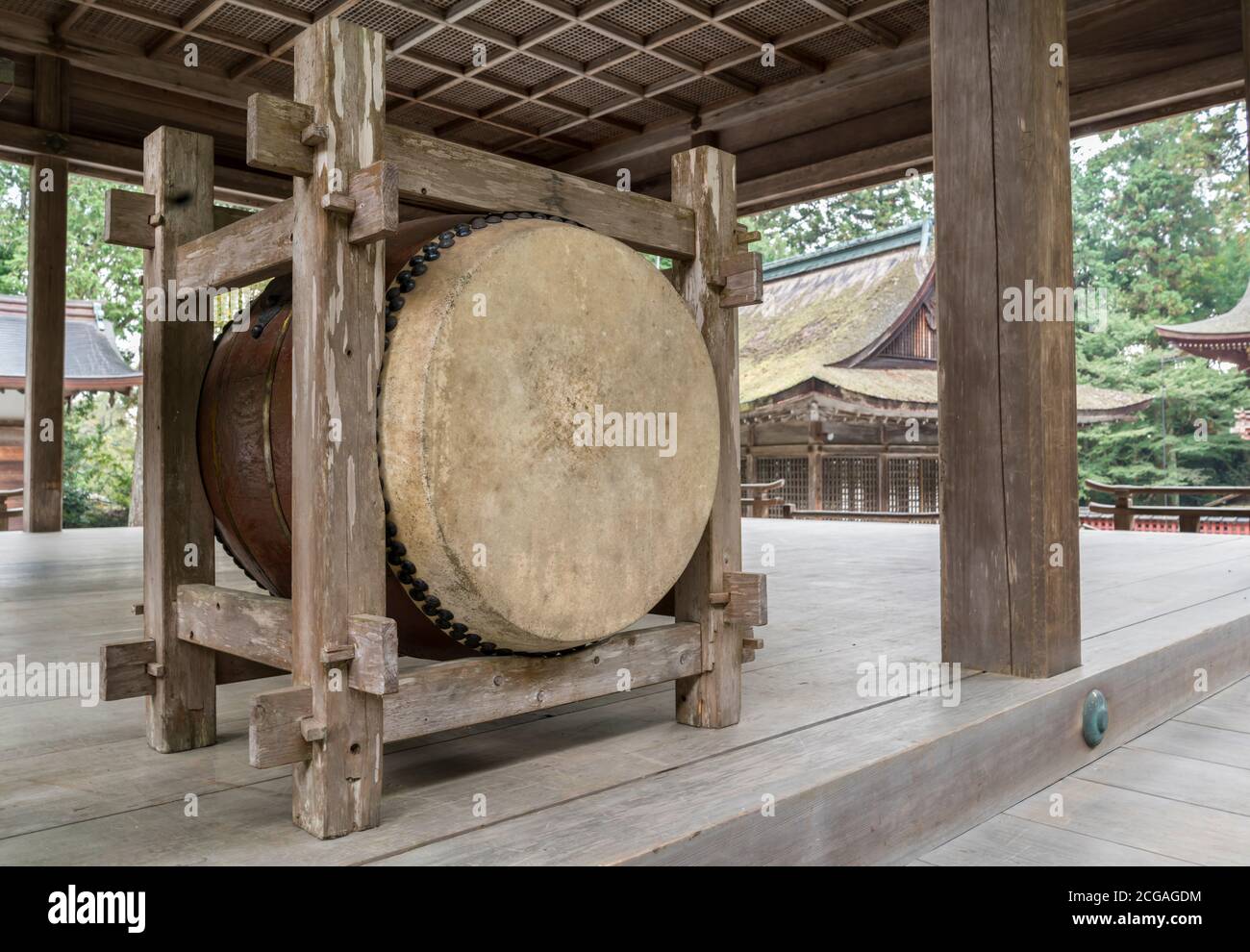 A taiko drum on a stage at Hiyoshi Taisha, a Shinto shrine in Otsu ...