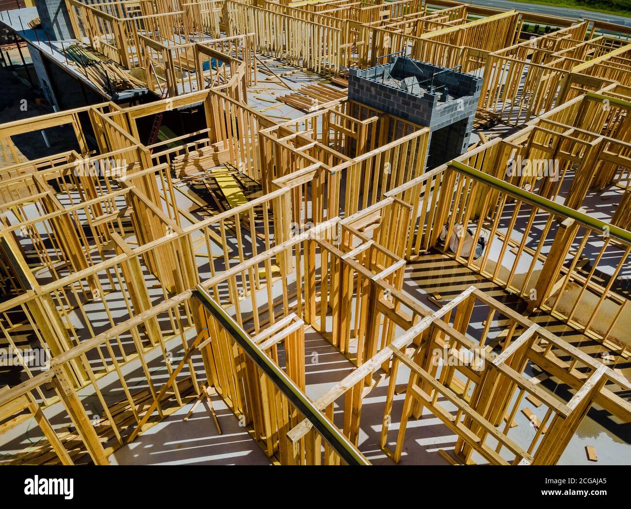 New residential home framing interior view under construction new house ...