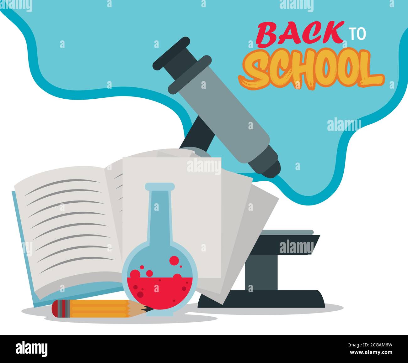 back to school, microscope book pencil and laboratory flask elementary ...